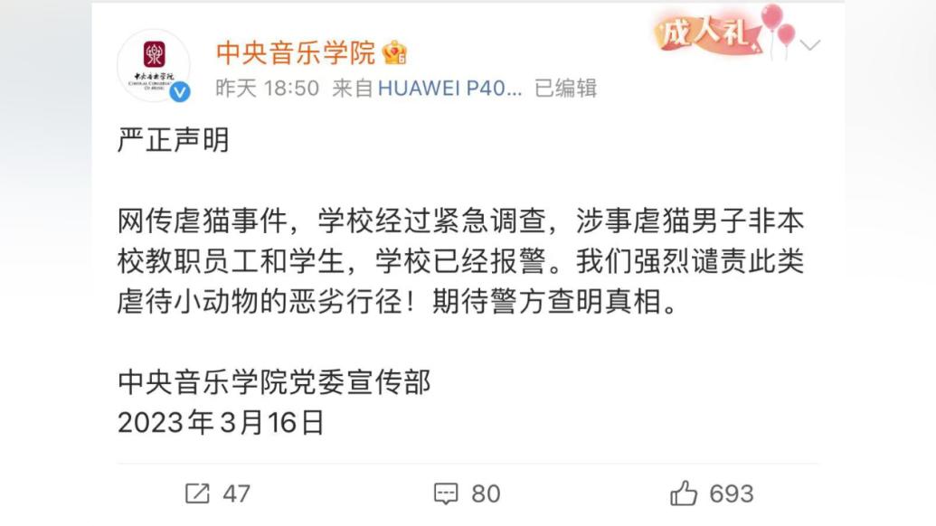 中央音乐学院回应 男子虐猫”:非本校教职员工和学生七环视频澎湃新闻 The Paper